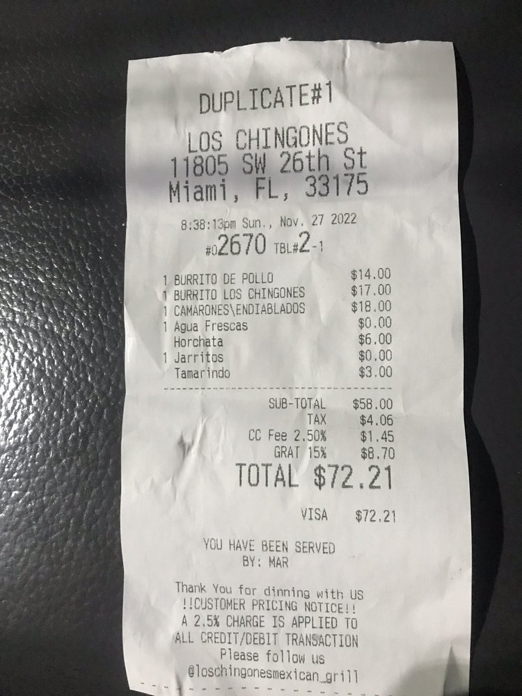 LOS CHINGONES MEXICAN GRILL - 11865 SW 26th St, Miami, FL - Menu - Yelp