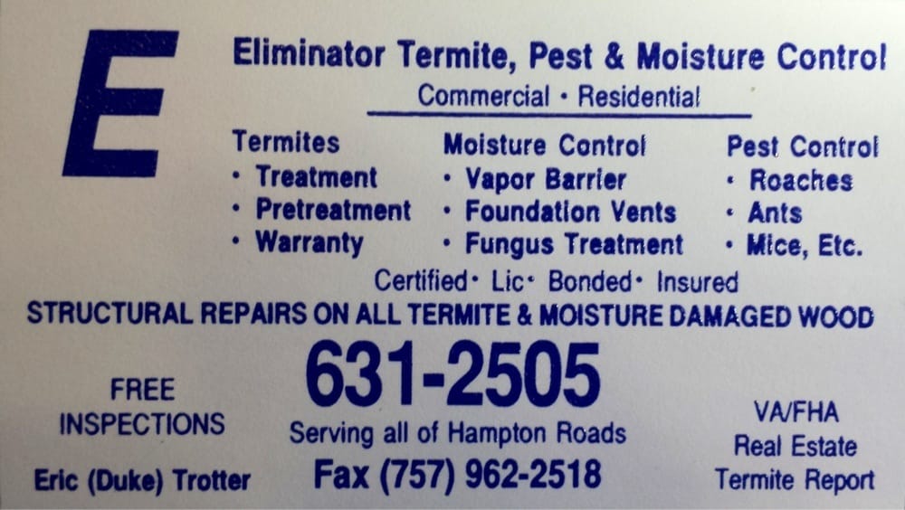 ELIMINATOR TERMITE PEST & MOISTURE CONTROL - 1208 Saddlebred Dr ...