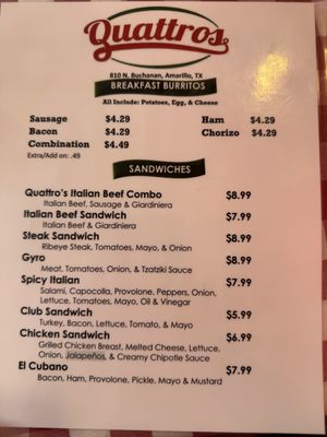 Quattros menu store