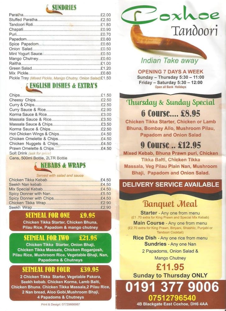 COXHOE TANDOORI INDIAN TAKEAWAY - Updated October 2025 - 4B Blackgate E ...