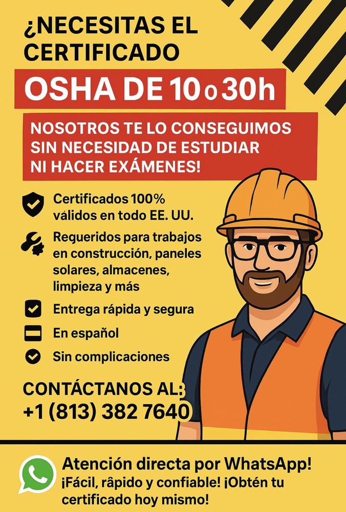 CERTIFICADOS DE OSHA - Updated April 2025 - Request a Quote - East ...