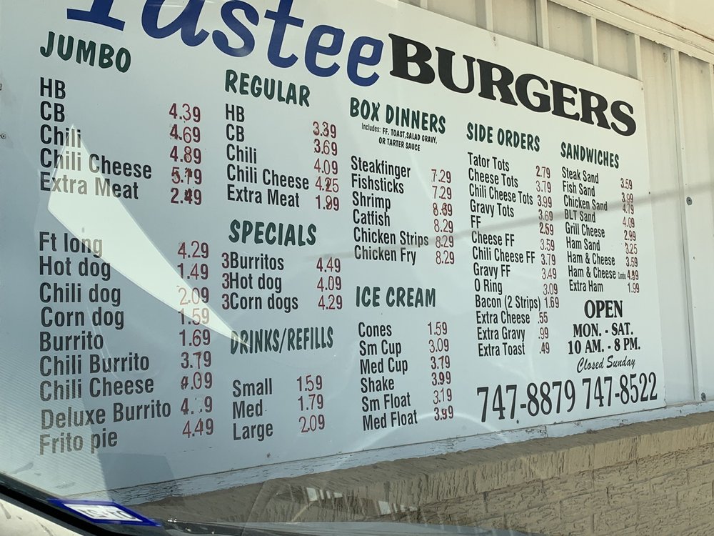 TASTEE BURGERS - 2434 Clovis Rd, Lubbock, TX - Menu - Yelp