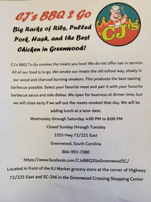 CJ’S BBQ 2 GO - Updated December 2025 - 3355 Hwy 72/221 E, Greenwood ...