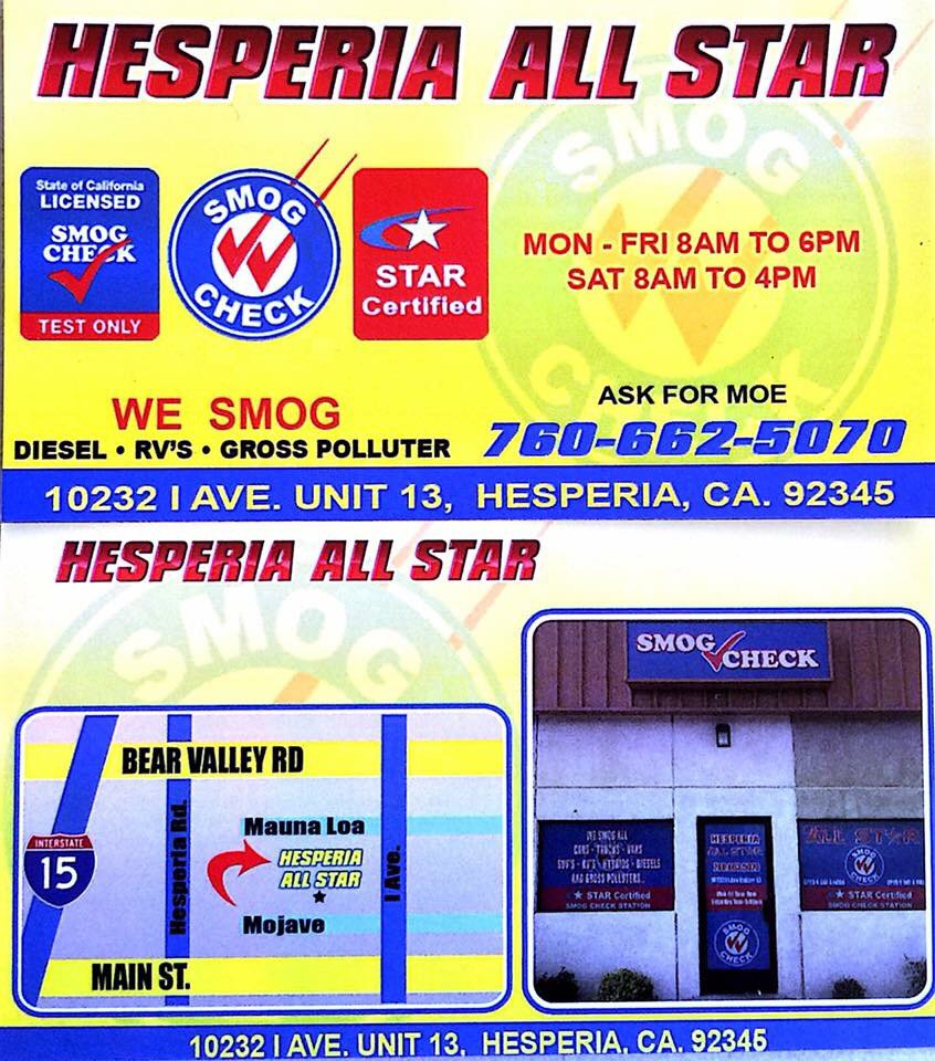 HESPERIA ALL STAR SMOG TEST ONLY - Updated October 2025 - 10232 I Ave ...
