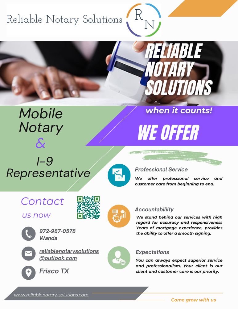 RELIABLE NOTARY SOLUTIONS - Updated October 2024 - Request a Quote - PO BOX 5070, Frisco, Texas ...