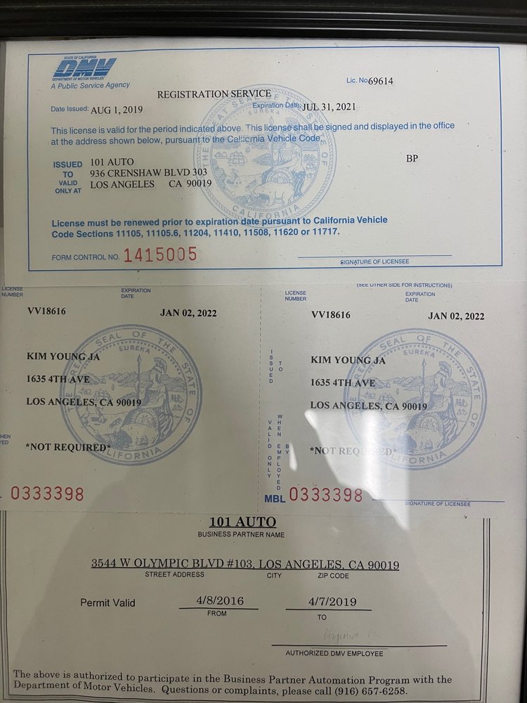 101 AUTO REGISTRATION - Updated December 2024 - 936 Crenshaw Blvd, Los ...