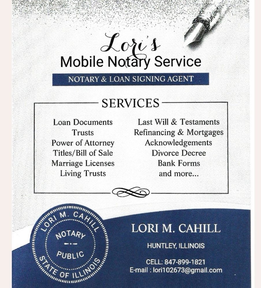 LORI’S MOBILE NOTARY SERVICE - Updated January 2026 - 11618 Edward Ave, Huntley, Illinois ...