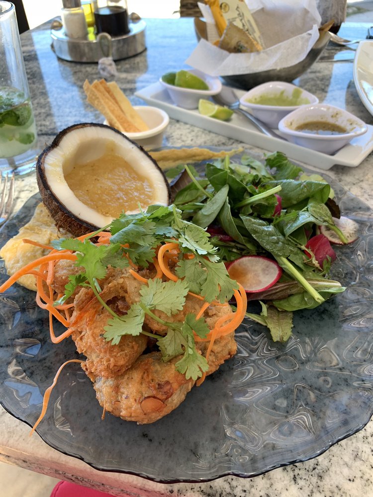 Coconut shrimp with pineapple salsa and mashed bananas - Yelp