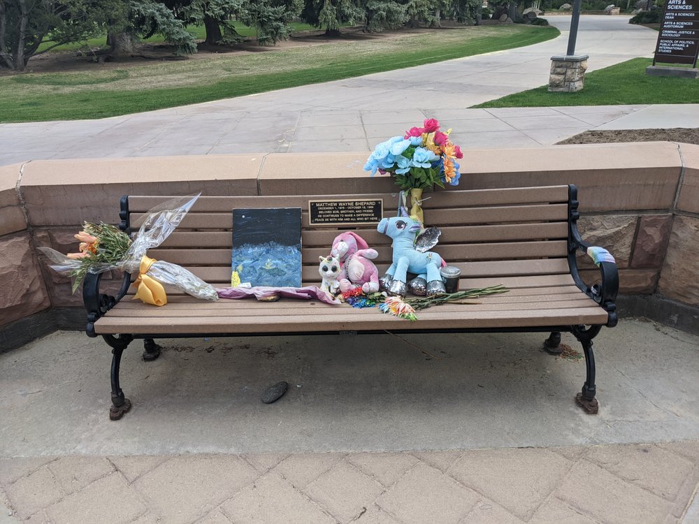 MATTHEW SHEPARD MEMORIAL BENCH - Updated August 2025 - Quealy Plz, Laramie, Wyoming - Local ...