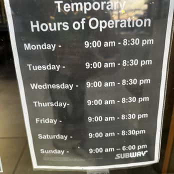 Subway hours of operation store