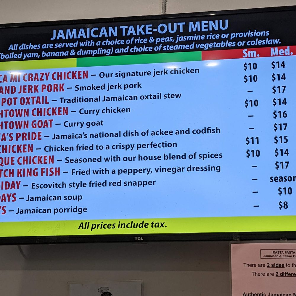 Rasta Pasta Menu