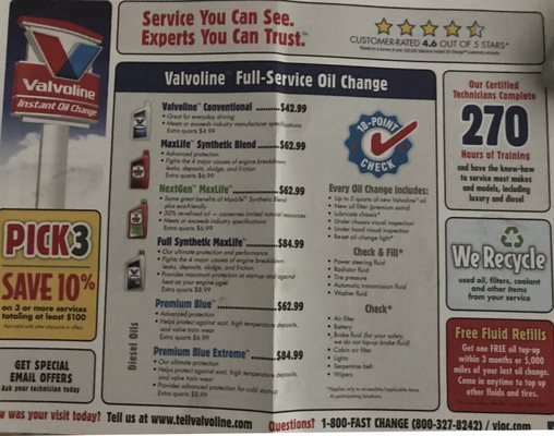 Valvoline oil change prices store