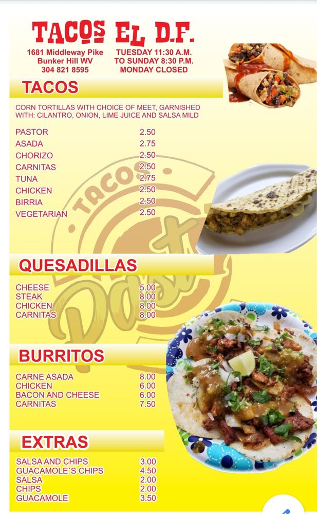 Tacos EL DF - Tacos - 1681 Middleway Pike, Bunker Hill, WV - Restaurant ...