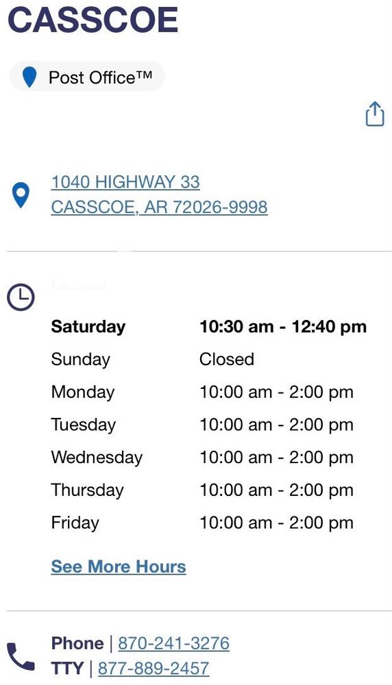 US POST OFFICE - Updated May 2024 - 1040 AR-33, Casscoe, Arkansas ...