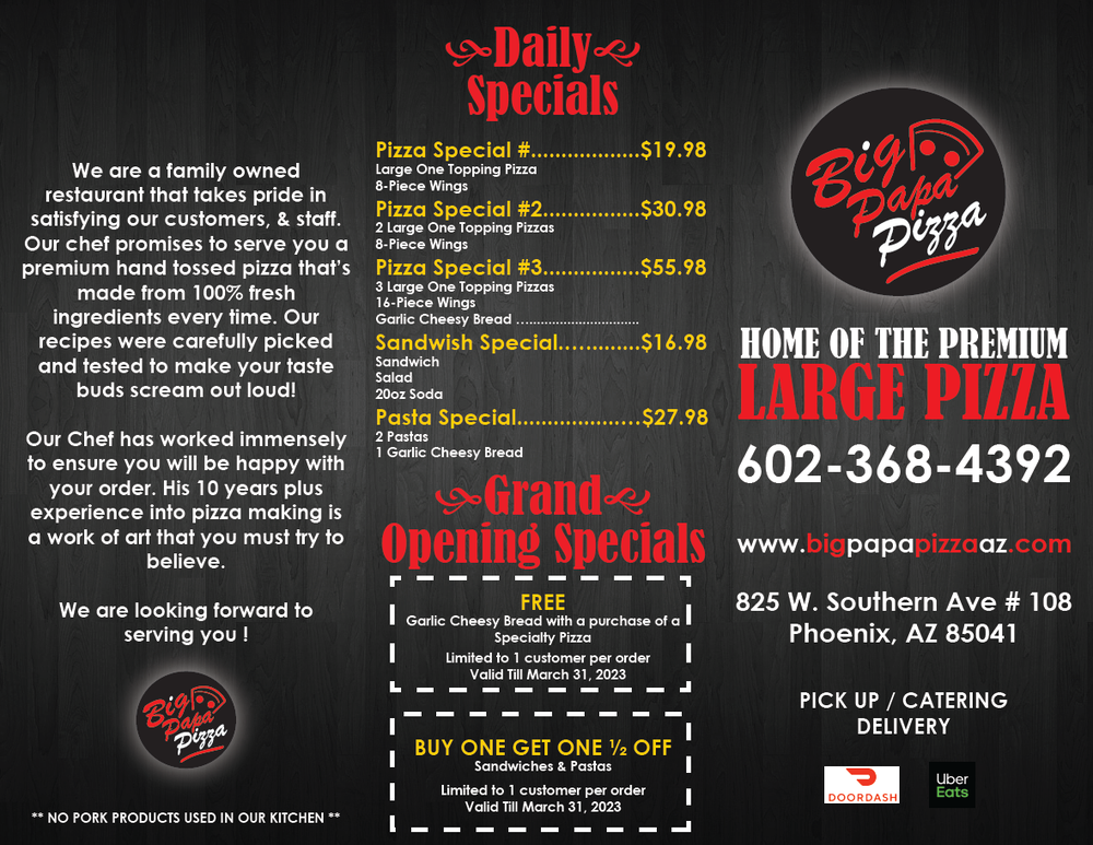 BIG PAPA PIZZA - 825 W Southern Ave, Phoenix, AZ - Menu - Yelp